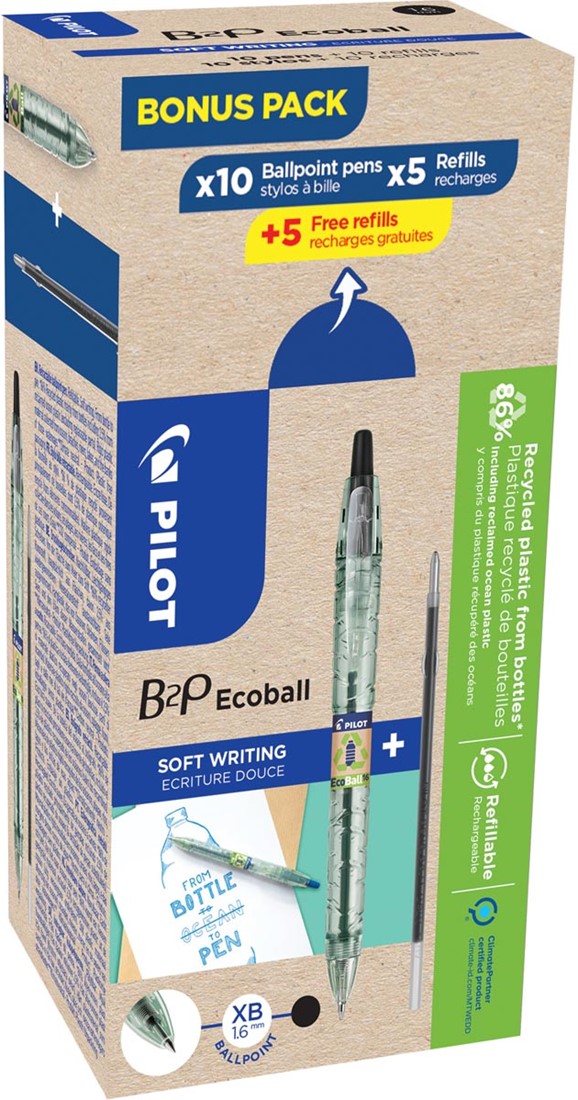 Pilot Ecoball B2P BeGreen balpen, large, zwart, doos van 10 stuks + 10 ...