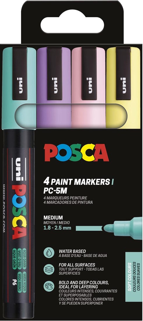Uni POSCA paintmarker PC-5M, 1,8 - 2,5 mm, etui van 4 stuks in zachte kleuren One-Stop-Office ...